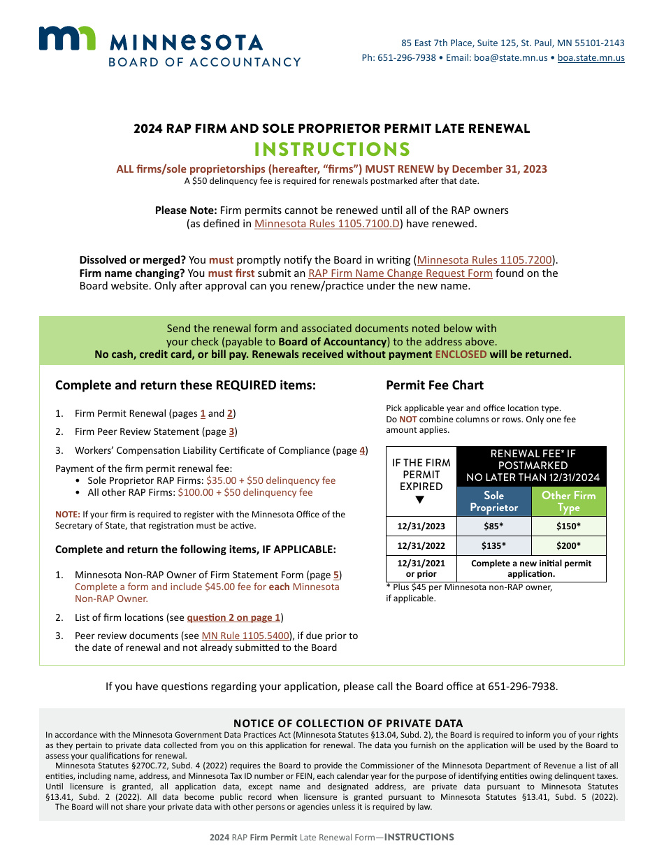 2024 Minnesota Rap Firm and Sole Proprietor Permit Late Renewal - Fill ...