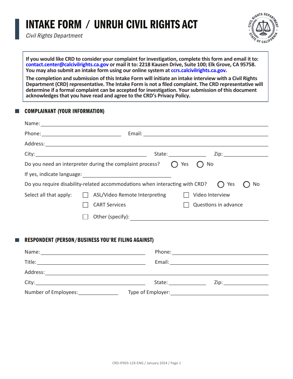 Form CRD-IF903-12X-ENG Download Fillable PDF or Fill Online Intake Form - Unruh Civil Rights Act ...