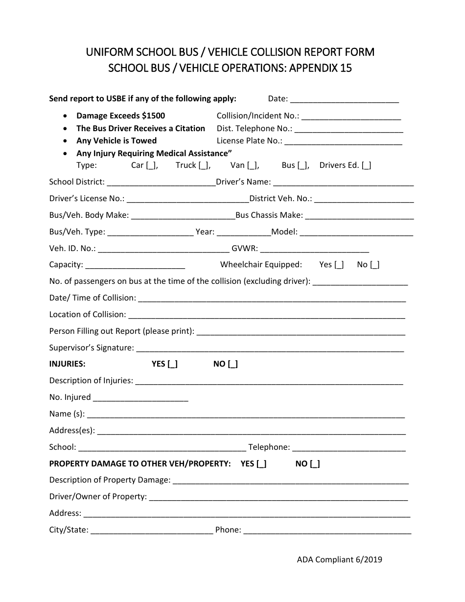 Utah Uniform School Bus/Vehicle Collision Report Form - School Bus ...