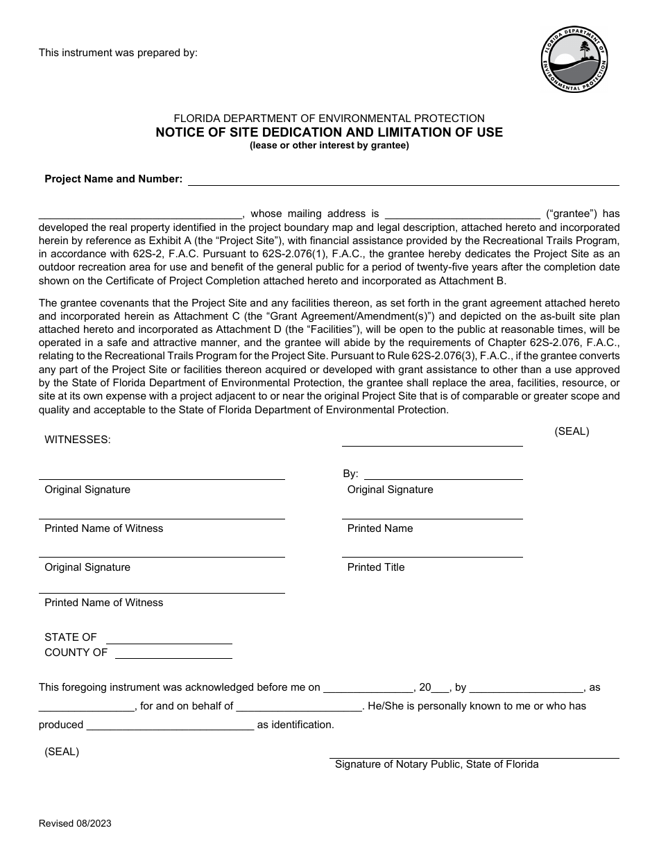 Florida Notice of Site Dedication and Limitation of Use (Lease or Other ...