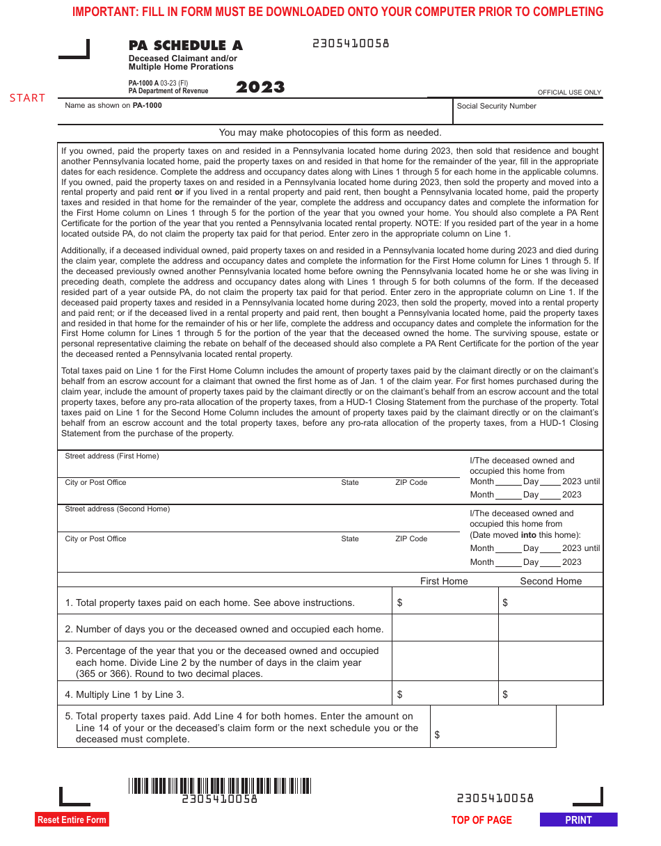 Form PA-1000 Schedule A Download Fillable PDF or Fill Online Deceased ...