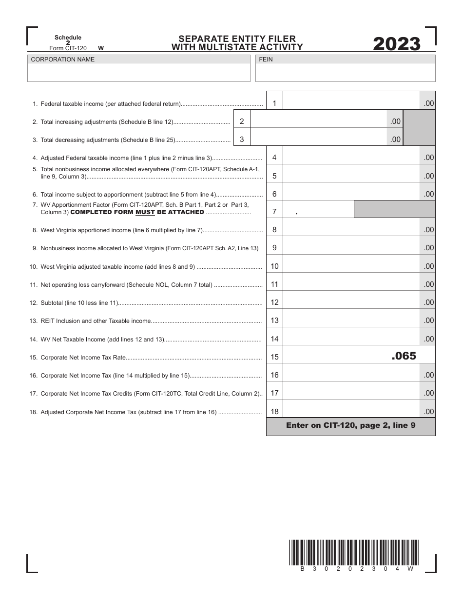 Form CIT-120 Schedule 2 Download Printable PDF or Fill Online Separate ...