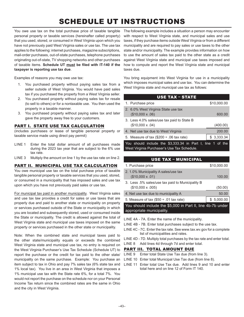Form IT-140 Schedule UT Download Printable PDF or Fill Online West ...