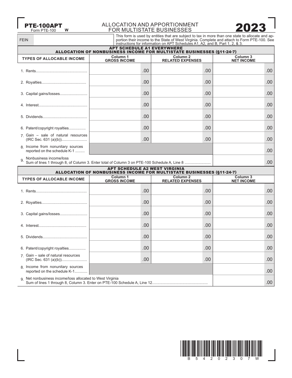Form PTE-100APT Download Printable PDF or Fill Online Allocation and Apportionment for ...