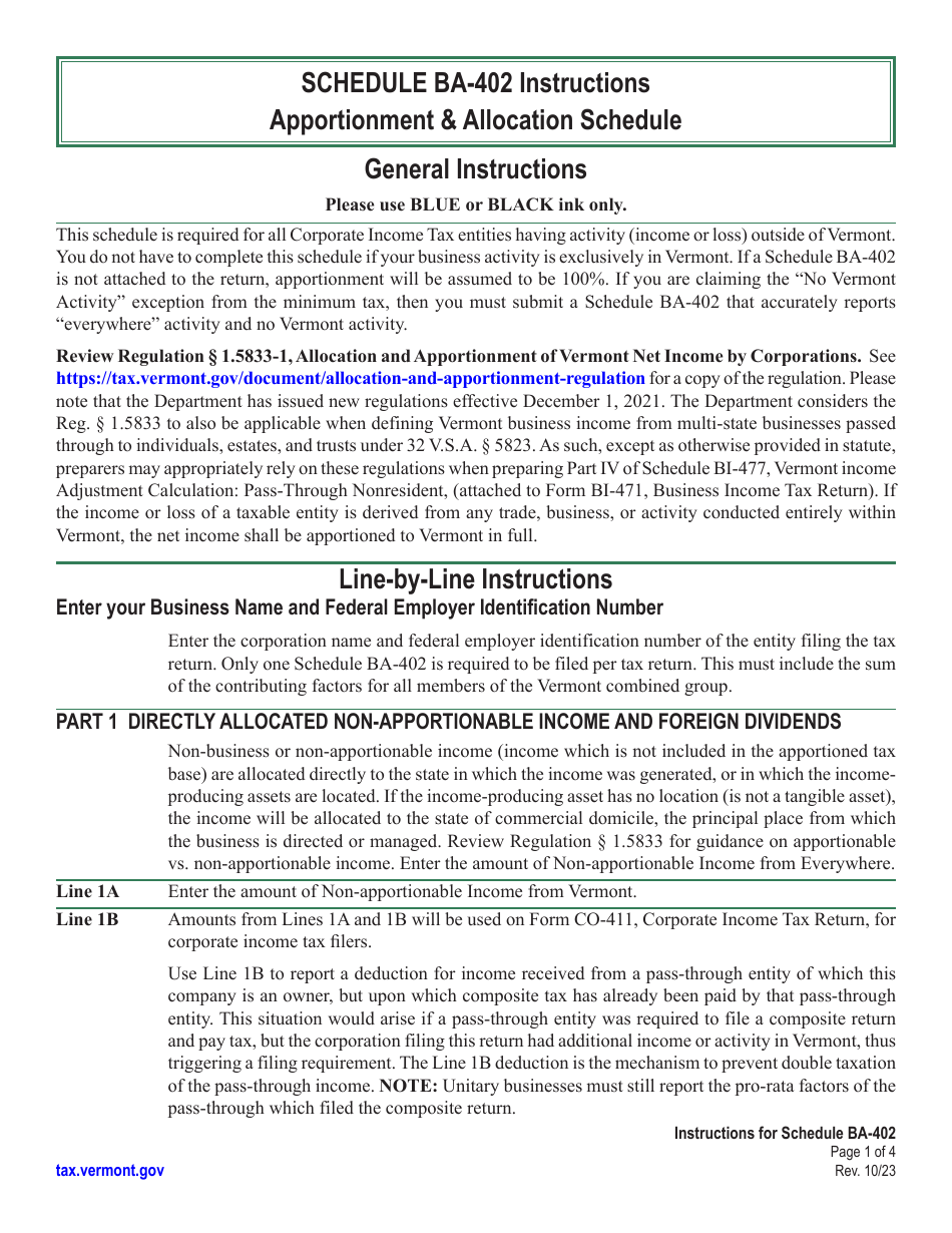 Download Instructions for Schedule BA-402 Vermont Apportionment ...