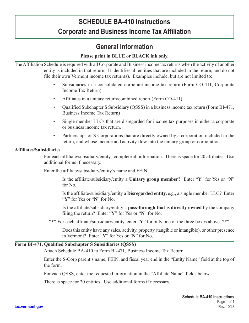 Download Instructions for Schedule BA-410 Vermont Corporate and ...