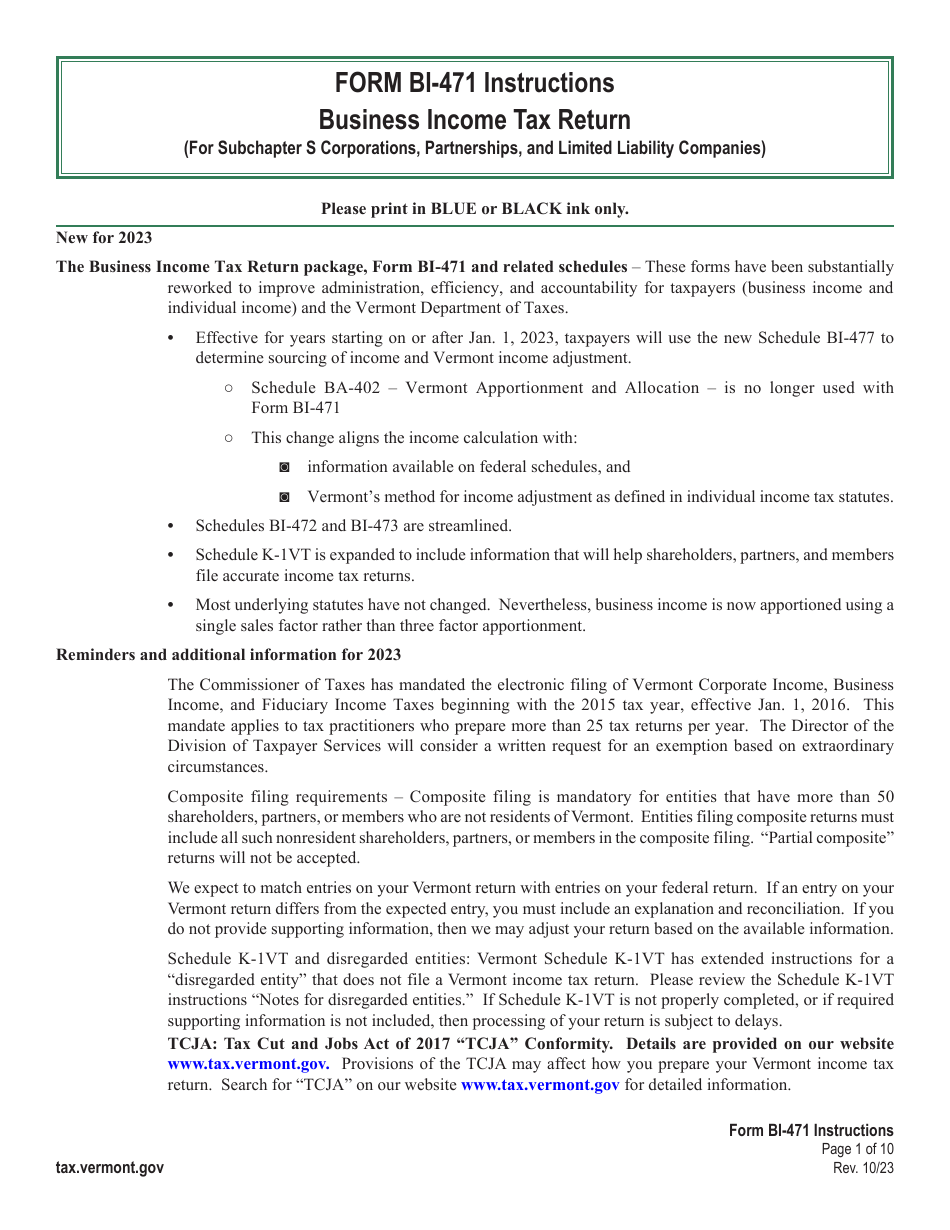 Download Instructions for Form BI-471 Vermont Business Income Tax Return for Partnerships ...