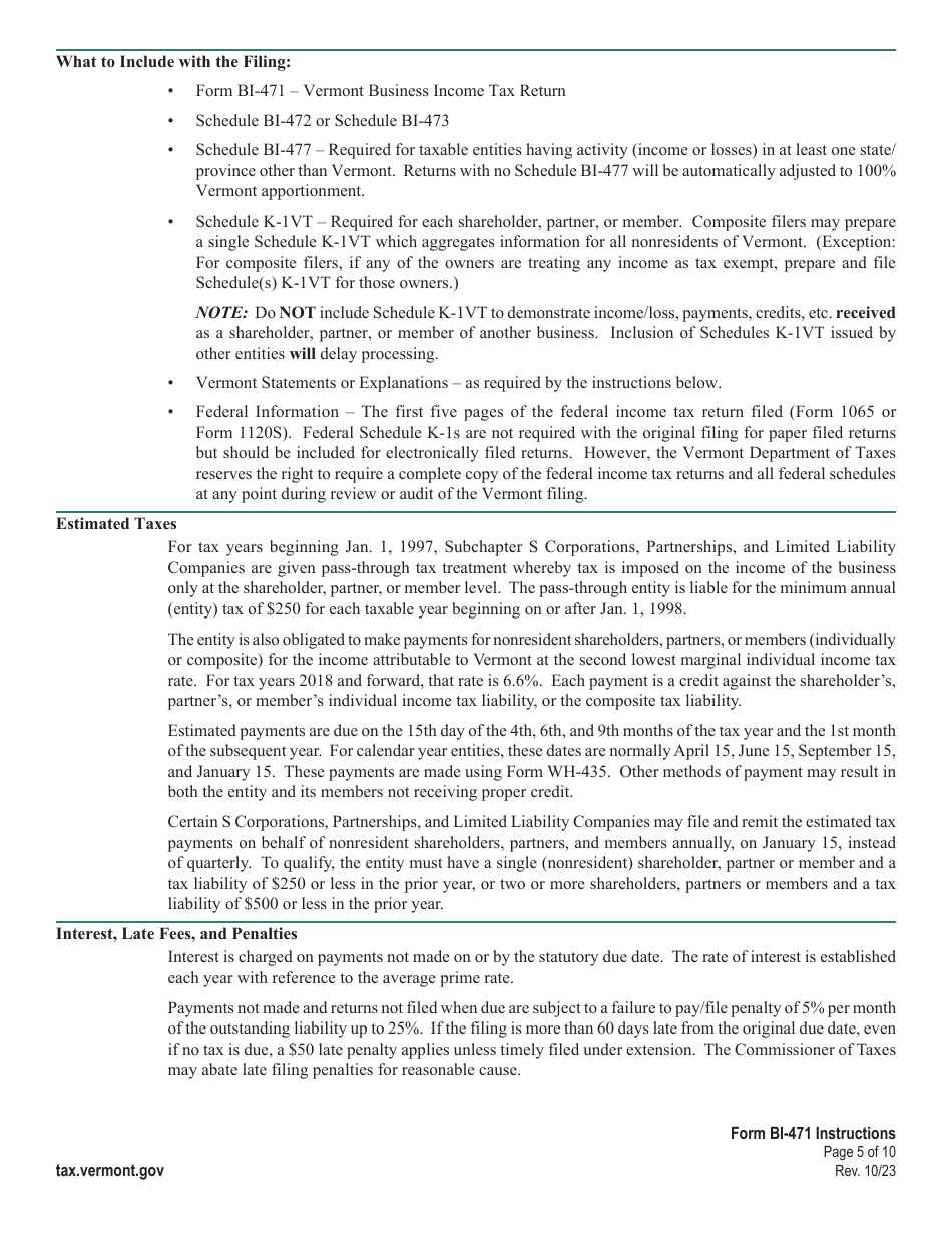 Download Instructions for Form BI-471 Vermont Business Income Tax Return for Partnerships ...