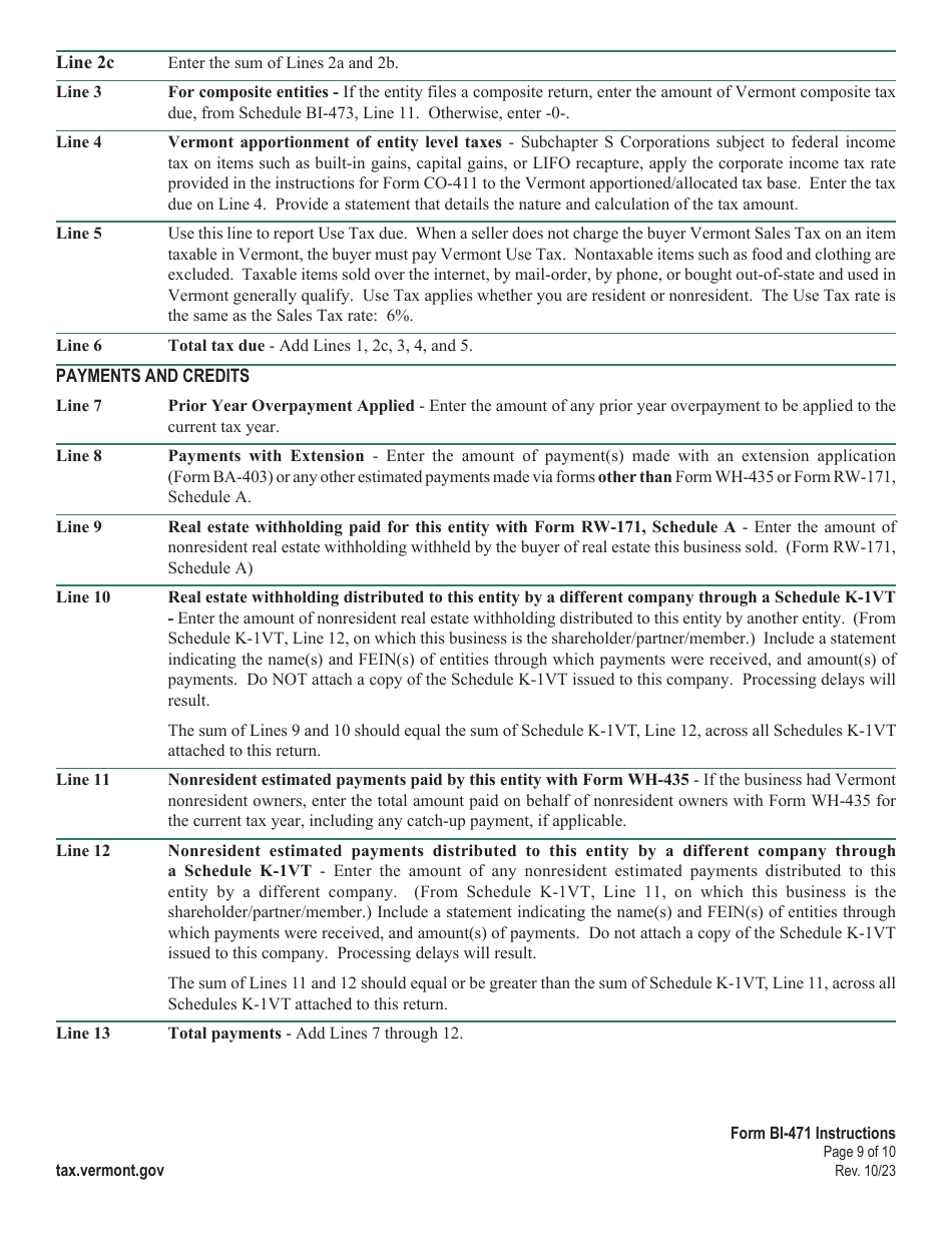 Download Instructions for Form BI-471 Vermont Business Income Tax Return for Partnerships ...