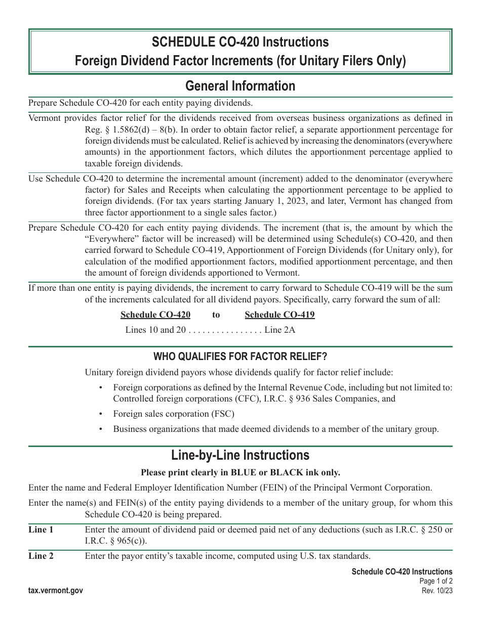 Download Instructions for Schedule CO-420 Vermont Foreign Dividend ...