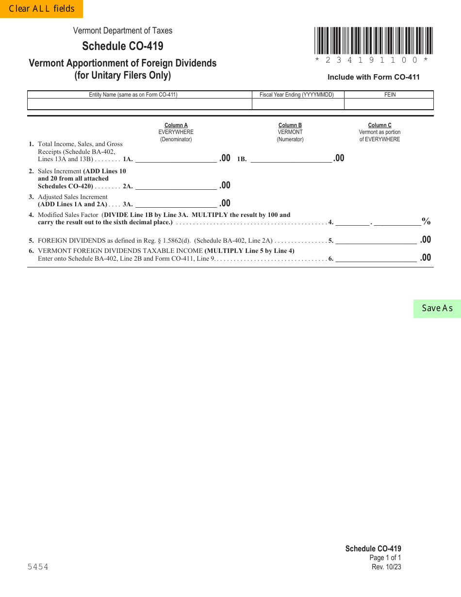 Vermont Vermont Apportionment of Foreign Dividends (For Unitary Filers ...