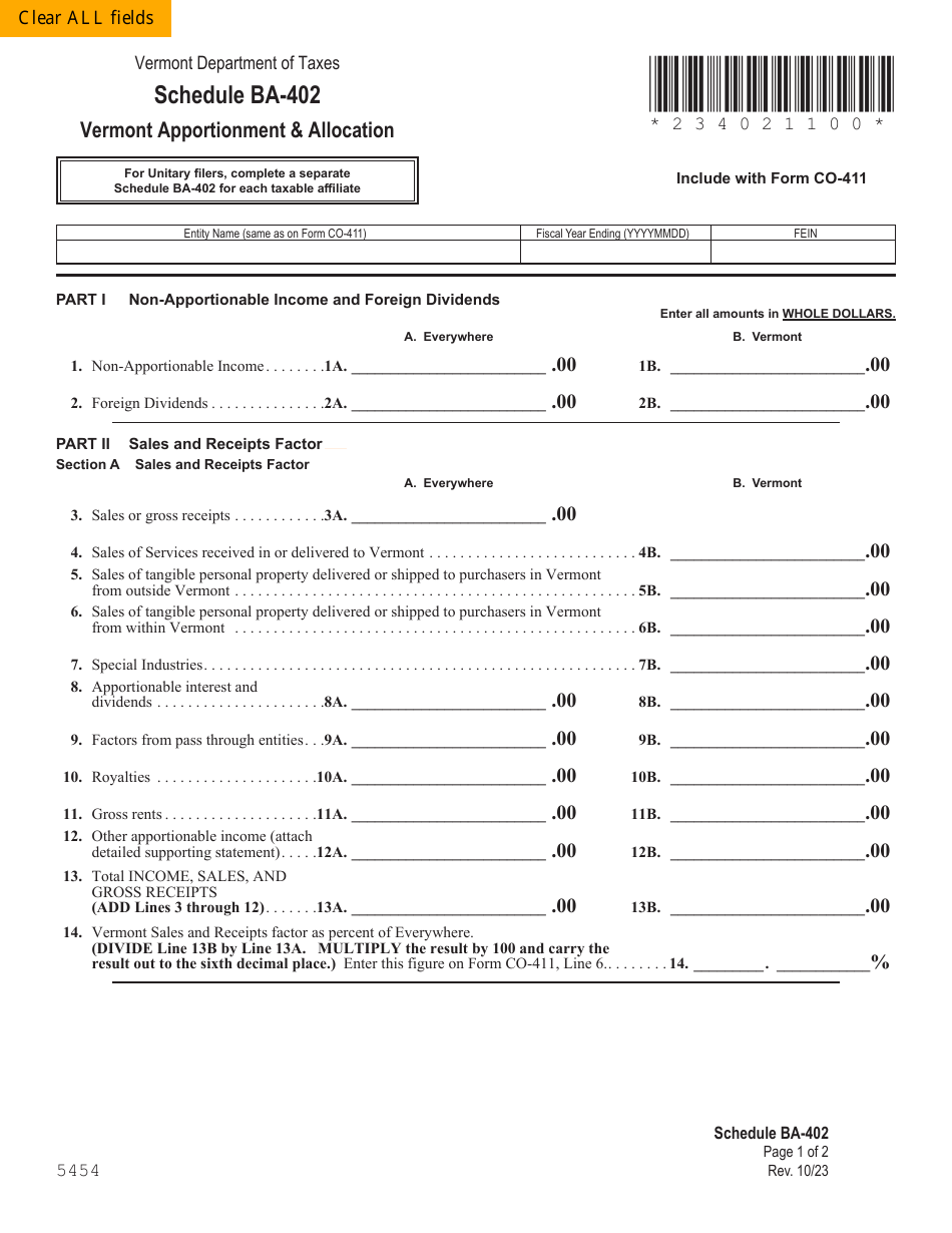 Schedule BA-402 Download Fillable PDF or Fill Online Vermont ...