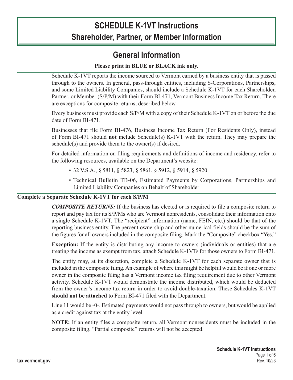 Download Instructions for Schedule K-1VT Vermont Shareholder, Partner ...