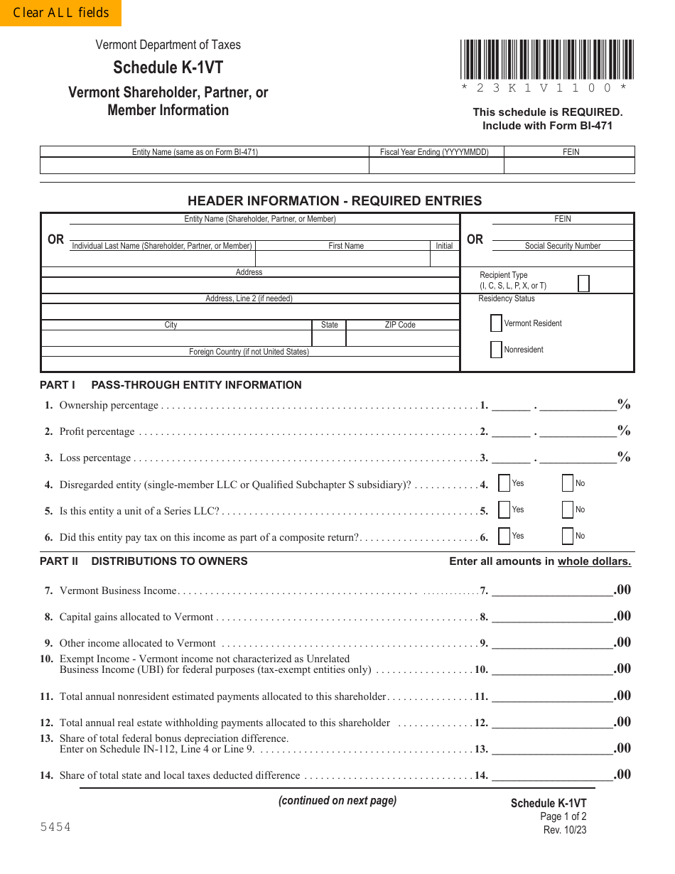 Schedule K-1VT Download Fillable PDF or Fill Online Vermont Shareholder ...