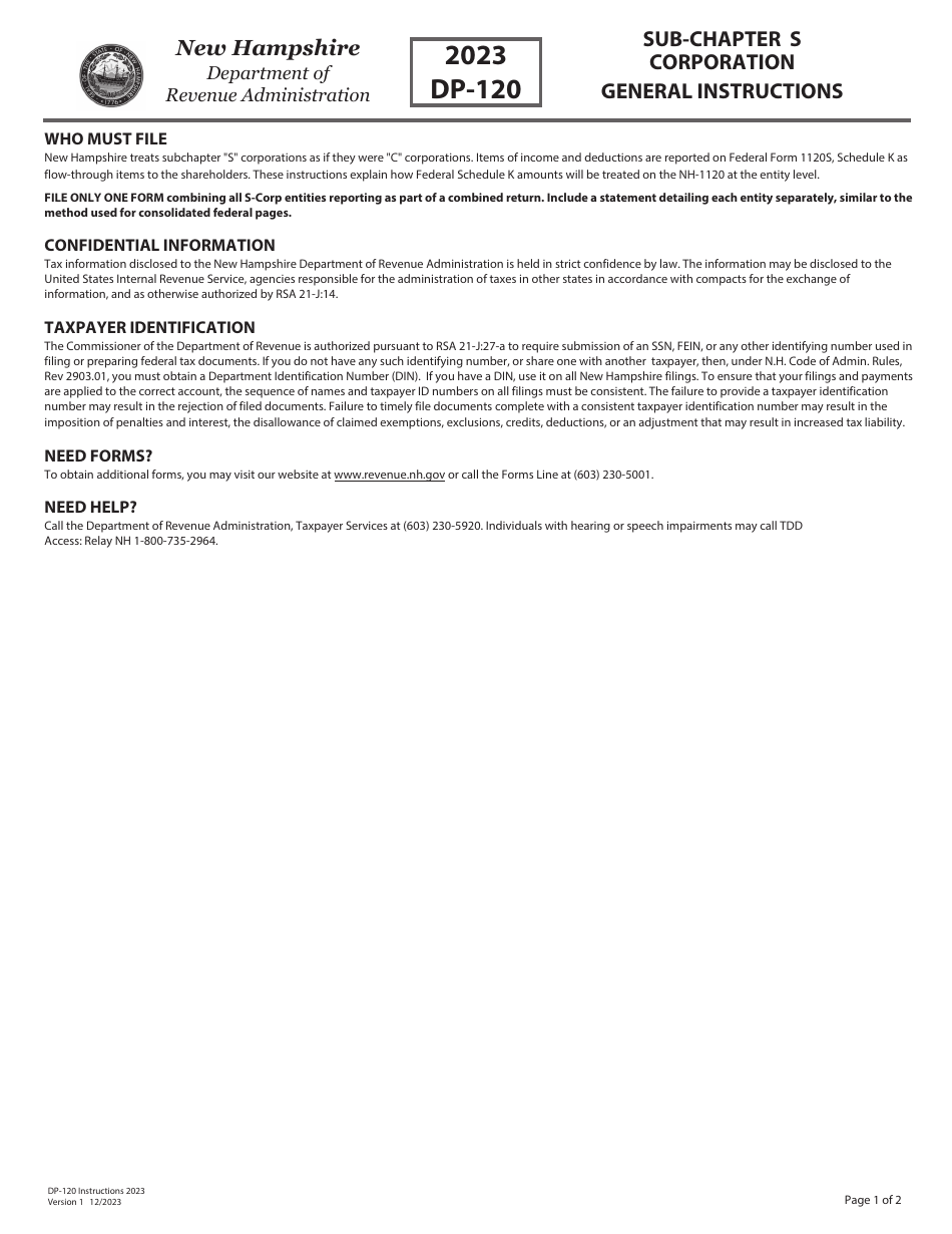 Download Instructions for Form DP-120 Computation of S Corporation ...