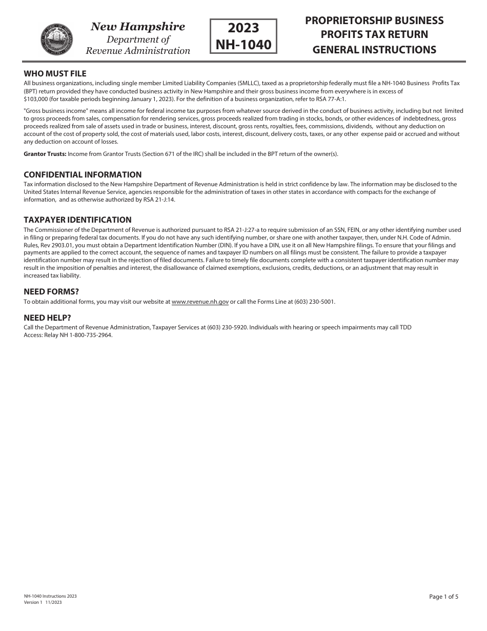 Download Instructions for Form NH-1040 Proprietorship Business Profits ...