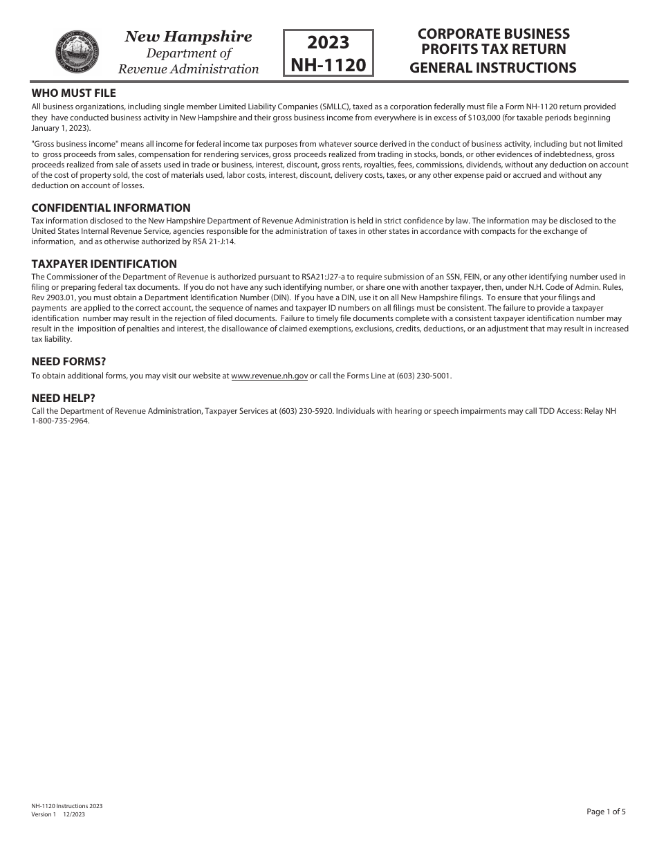 Download Instructions for Form NH-1120 Corporate Business Profits Tax ...