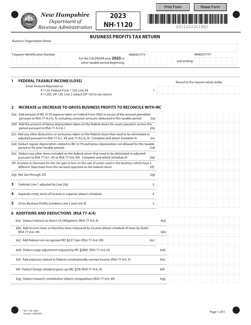 Form NH-1120 Download Fillable PDF or Fill Online Business Profits Tax ...