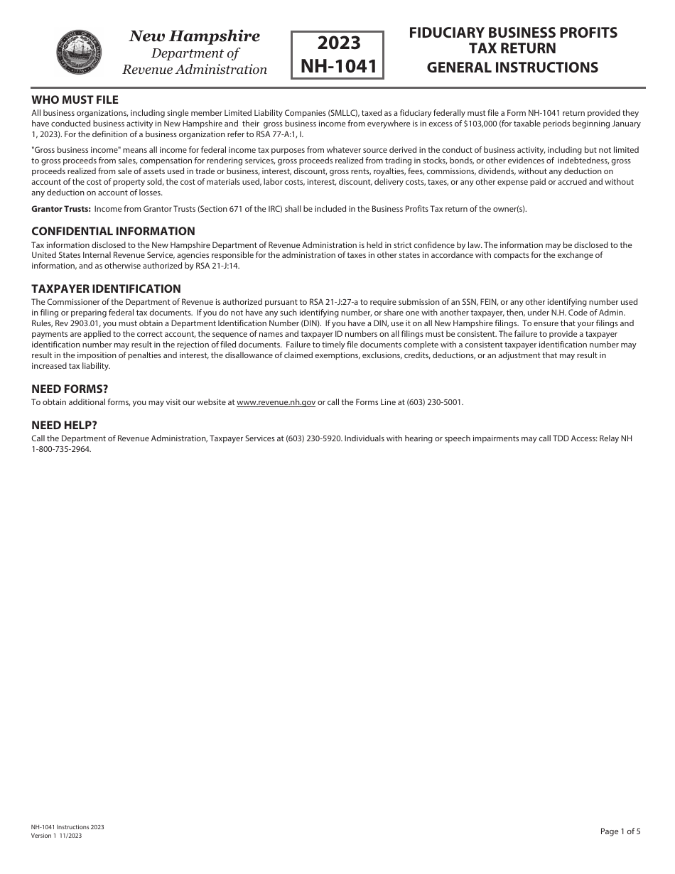 Download Instructions for Form NH-1041 Fiduciary Business Profits Tax ...