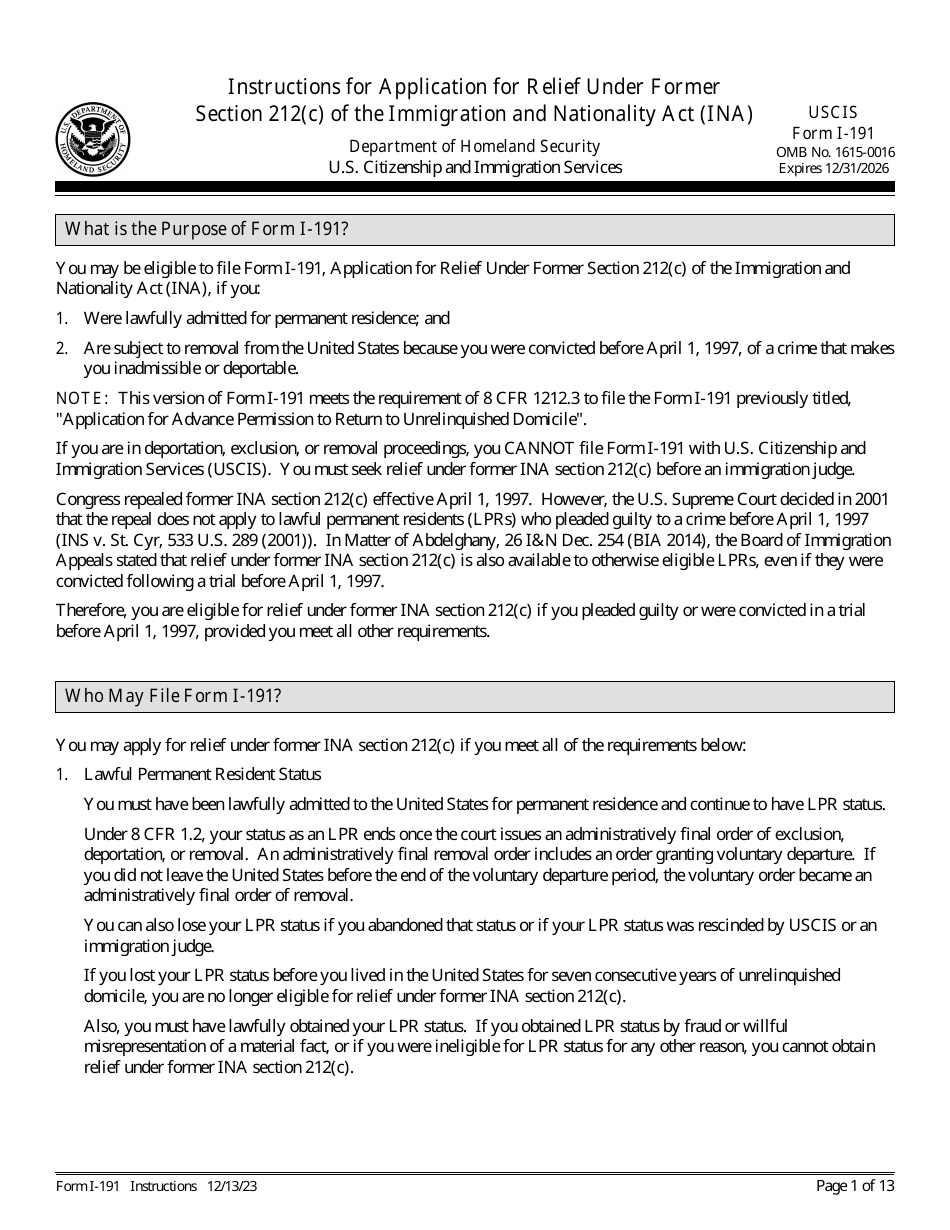 Download Instructions for USCIS Form I-191 Application for Relief Under ...