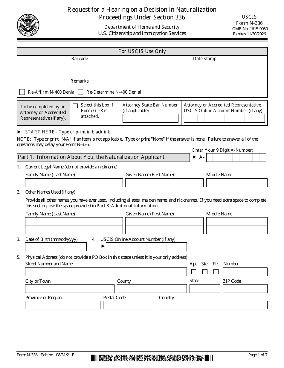 USCIS Form N-336 Download Fillable PDF or Fill Online Request for a ...