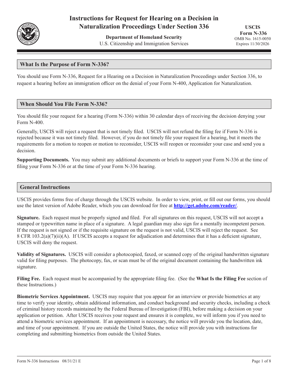 Download Instructions for USCIS Form N-336 Request for a Hearing on a ...