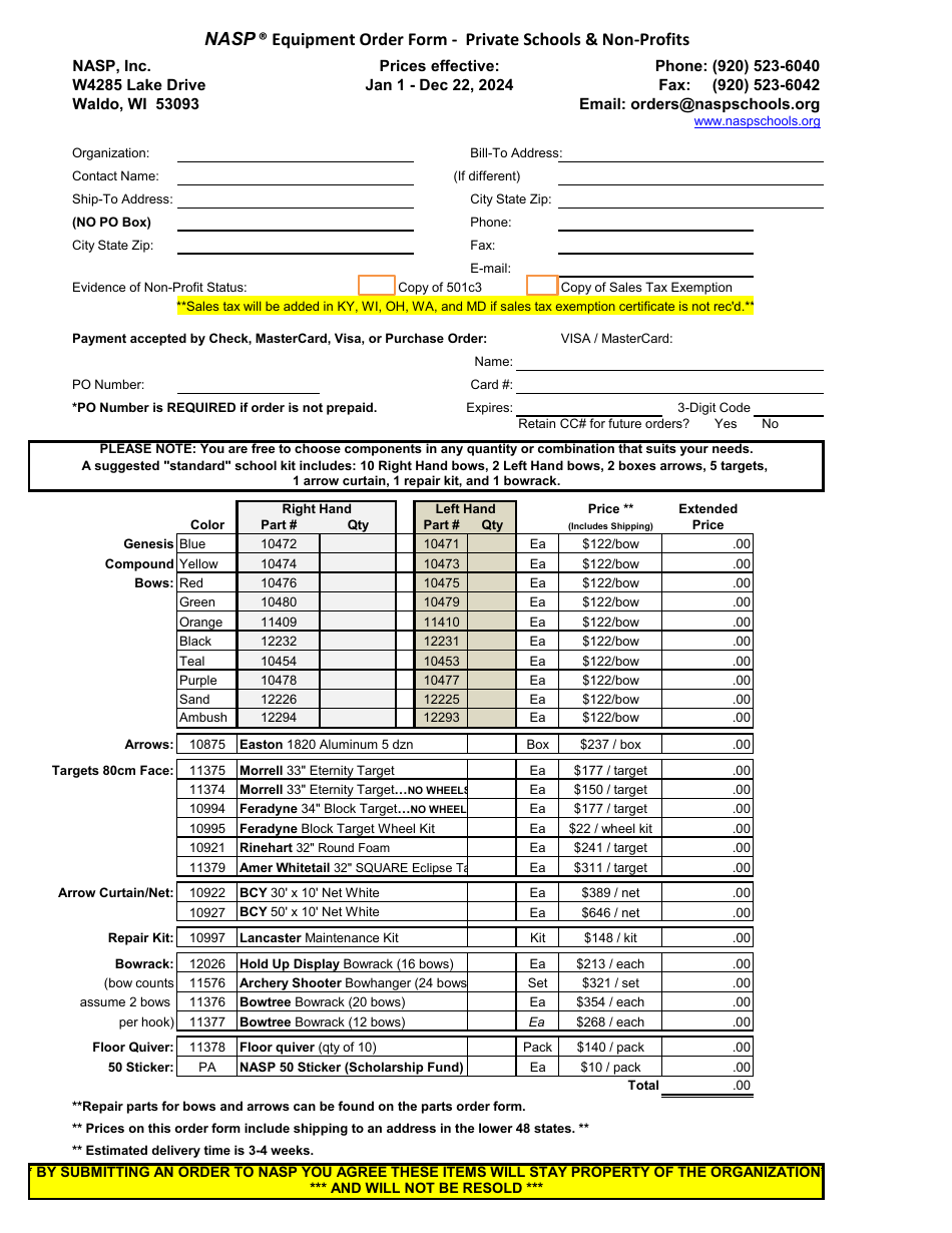 2024 Pennsylvania Nasp Equipment Order Form - Private Schools & Non ...