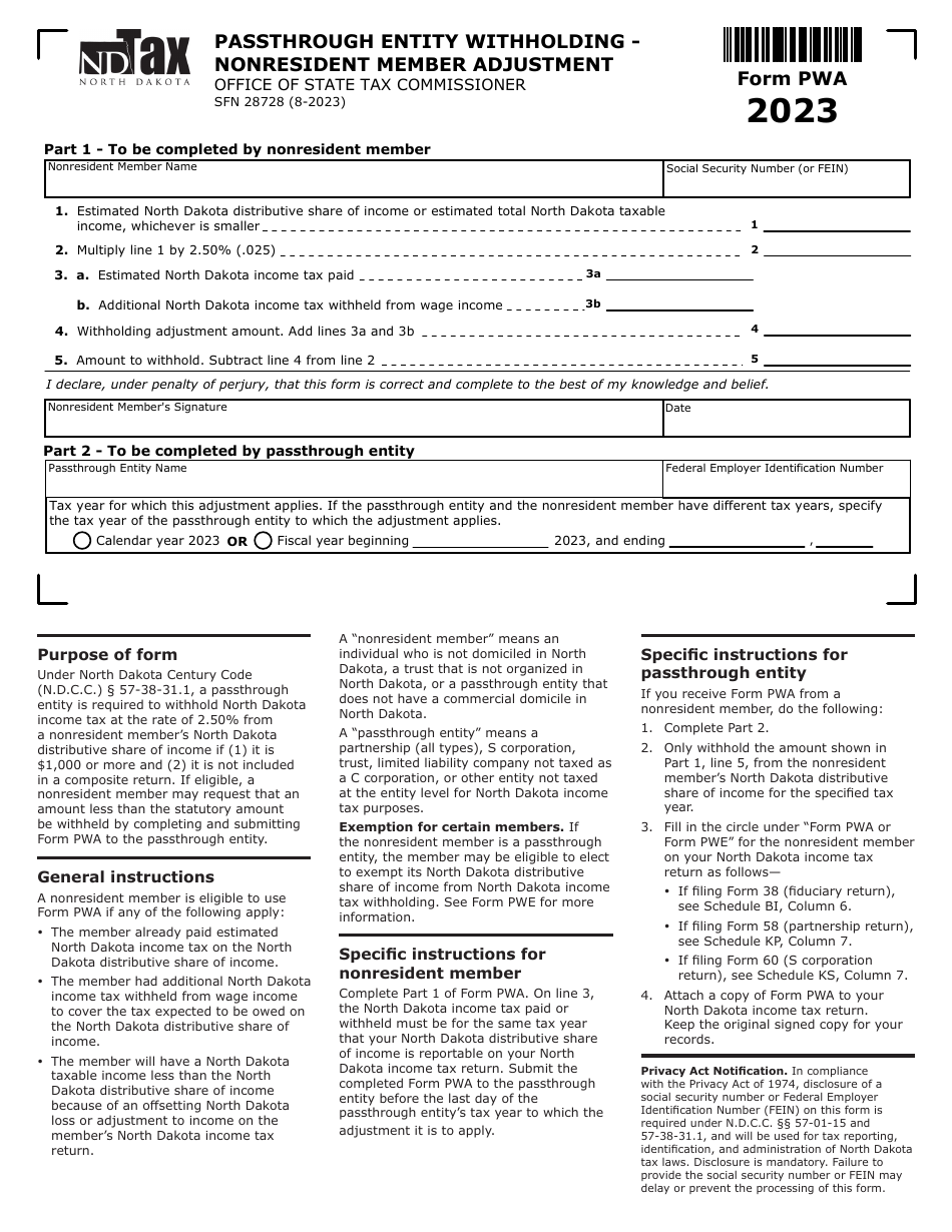 Form PWA (SFN28728) Download Fillable PDF or Fill Online Passthrough ...