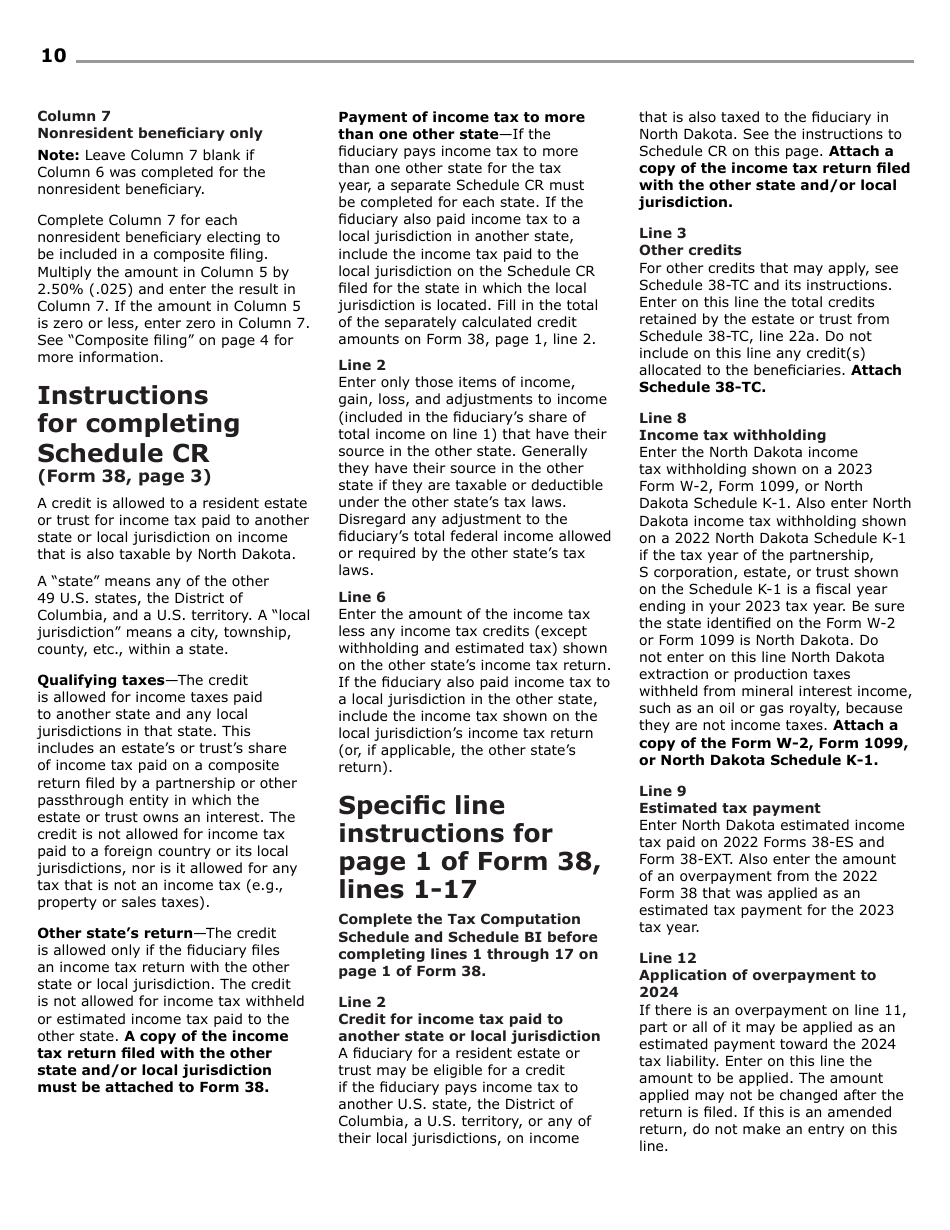 Download Instructions for Form 38, SFN28707 Fiduciary Income Tax Return PDF, 2023 | Templateroller