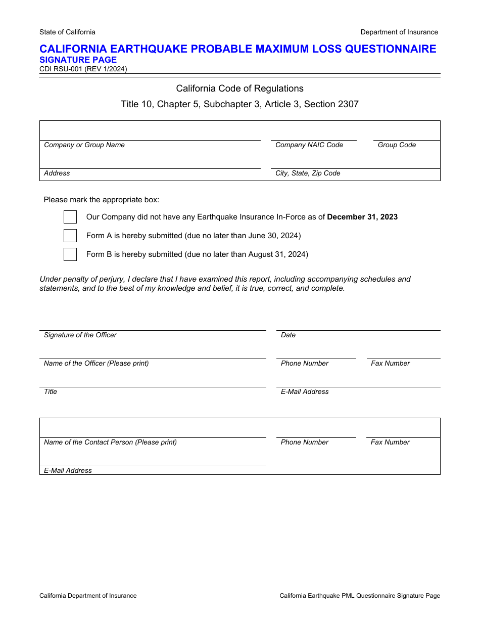 Form CDI RSU-001 - 2024 - Fill Out, Sign Online and Download Fillable ...