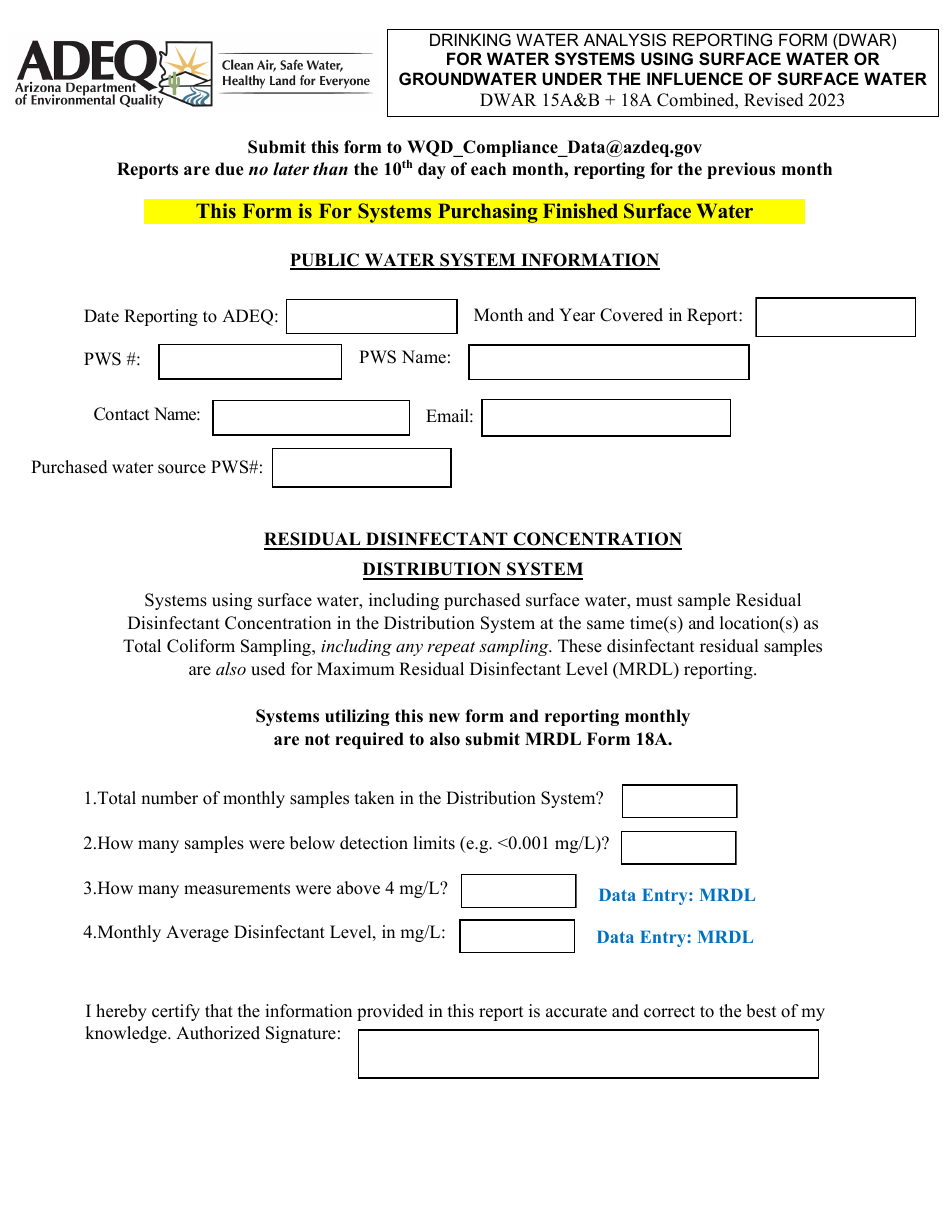 Form DWAR15C Download Fillable PDF or Fill Online Drinking Water ...