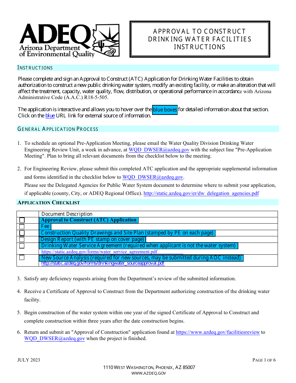 Arizona Approval to Construct Drinking Water Facilities Application ...