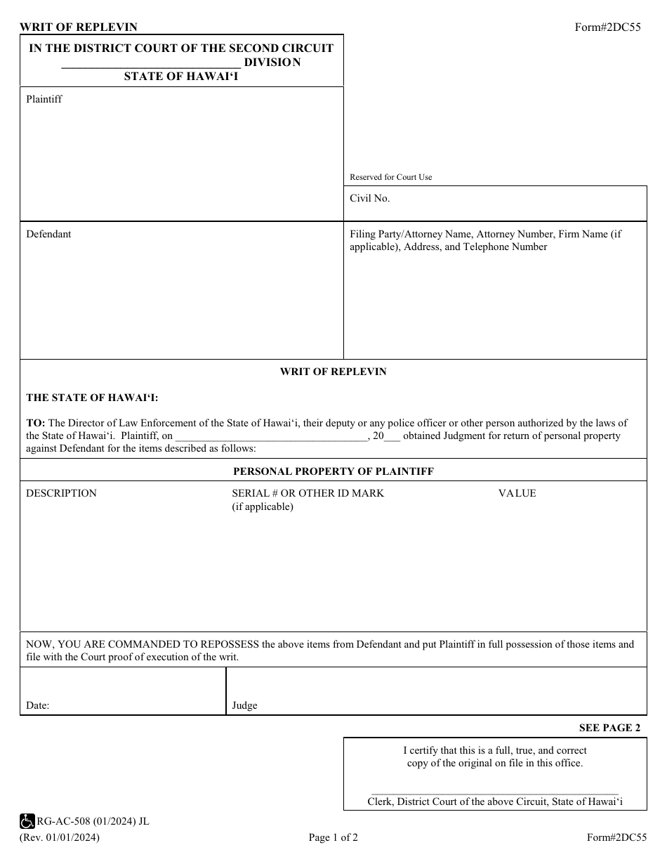 Form 2DC55 Download Fillable PDF or Fill Online Writ of Replevin ...