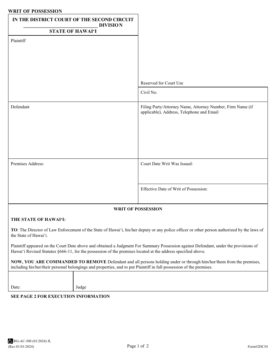 Form 2DC54 - Fill Out, Sign Online and Download Fillable PDF, Hawaii ...