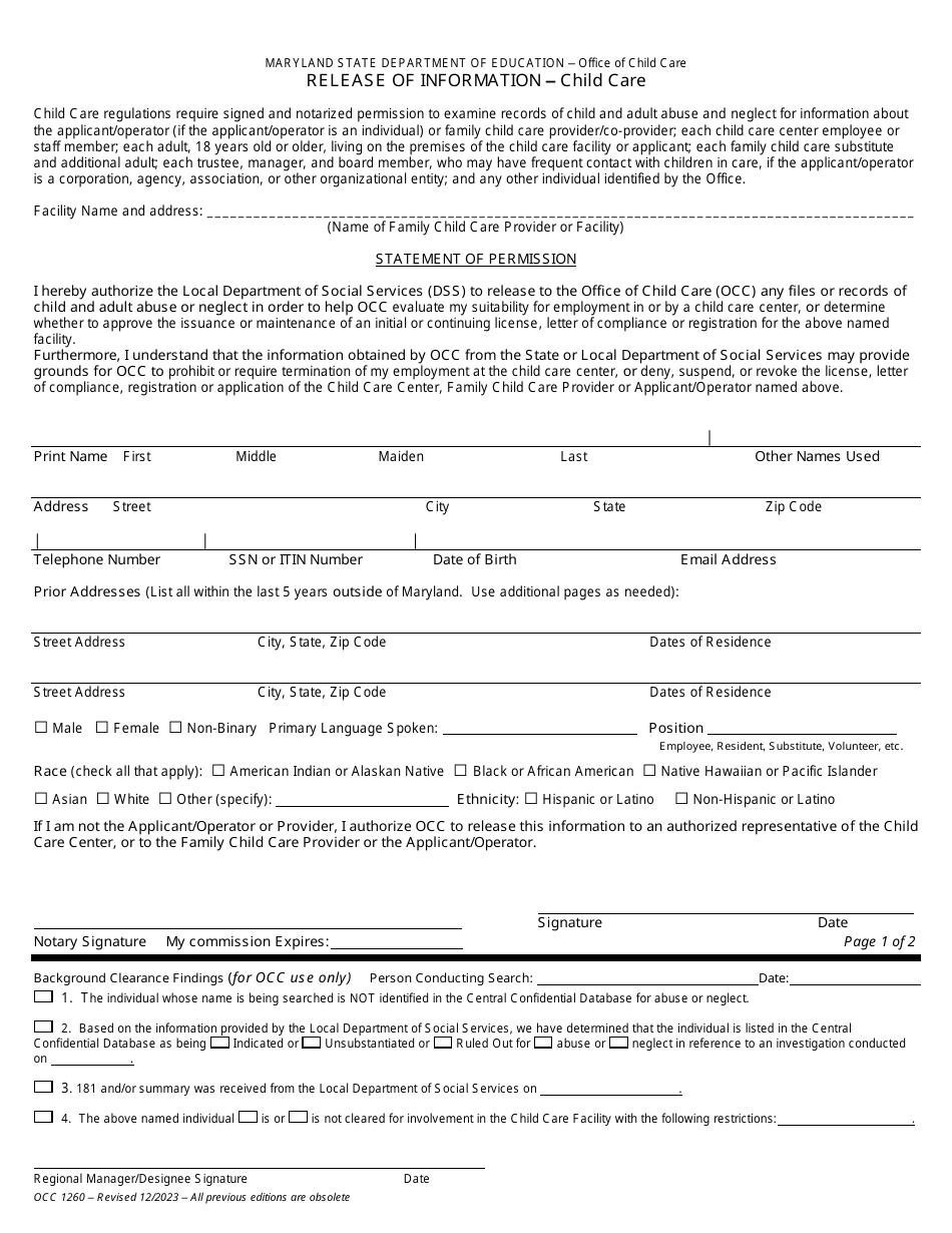 Form OCC1260 Download Printable PDF or Fill Online Release of ...