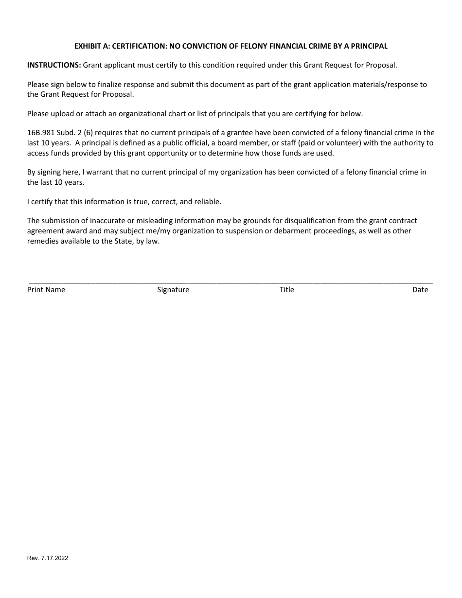 Minnesota Certification: No Conviction of Felony Financial Crime by a ...