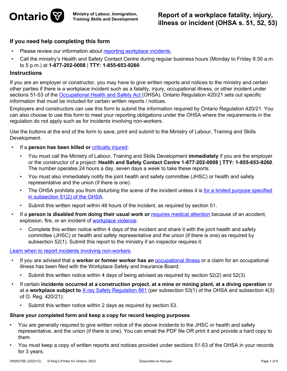 Form ON00276E Download Fillable PDF or Fill Online Report of a Workplace Fatality, Injury ...