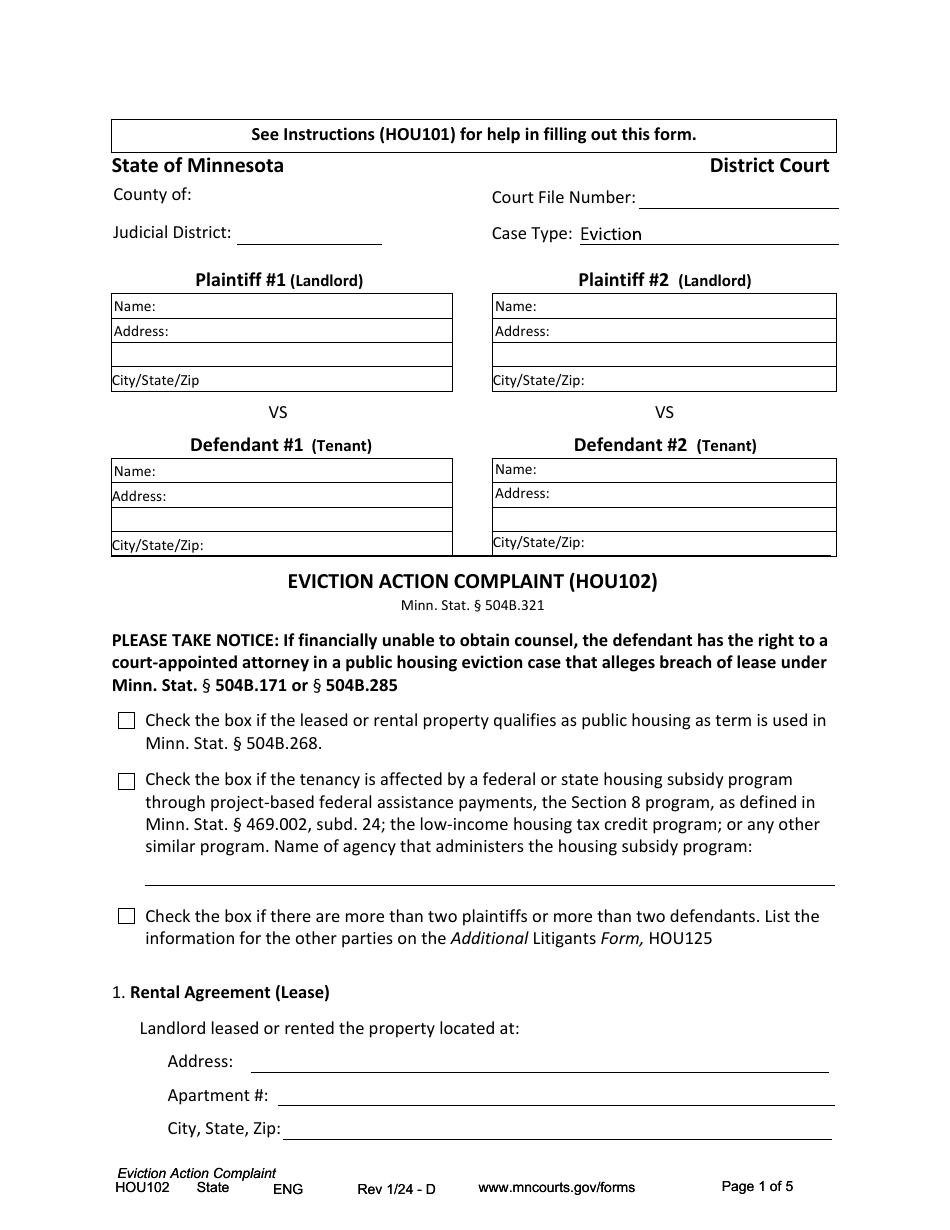 Form HOU102 Download Fillable PDF or Fill Online Eviction Action ...