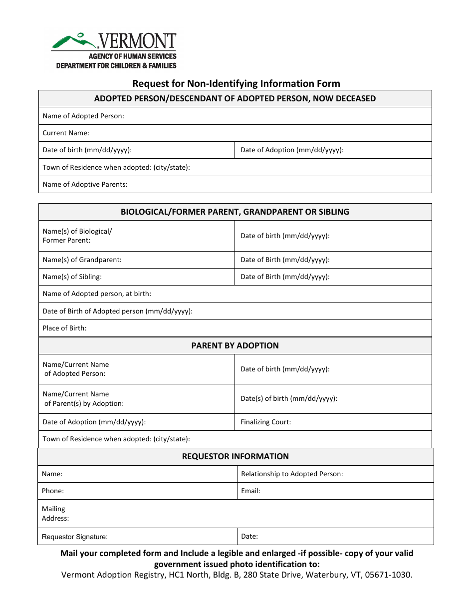 Vermont Request for Non-identifying Information Form - Fill Out, Sign ...