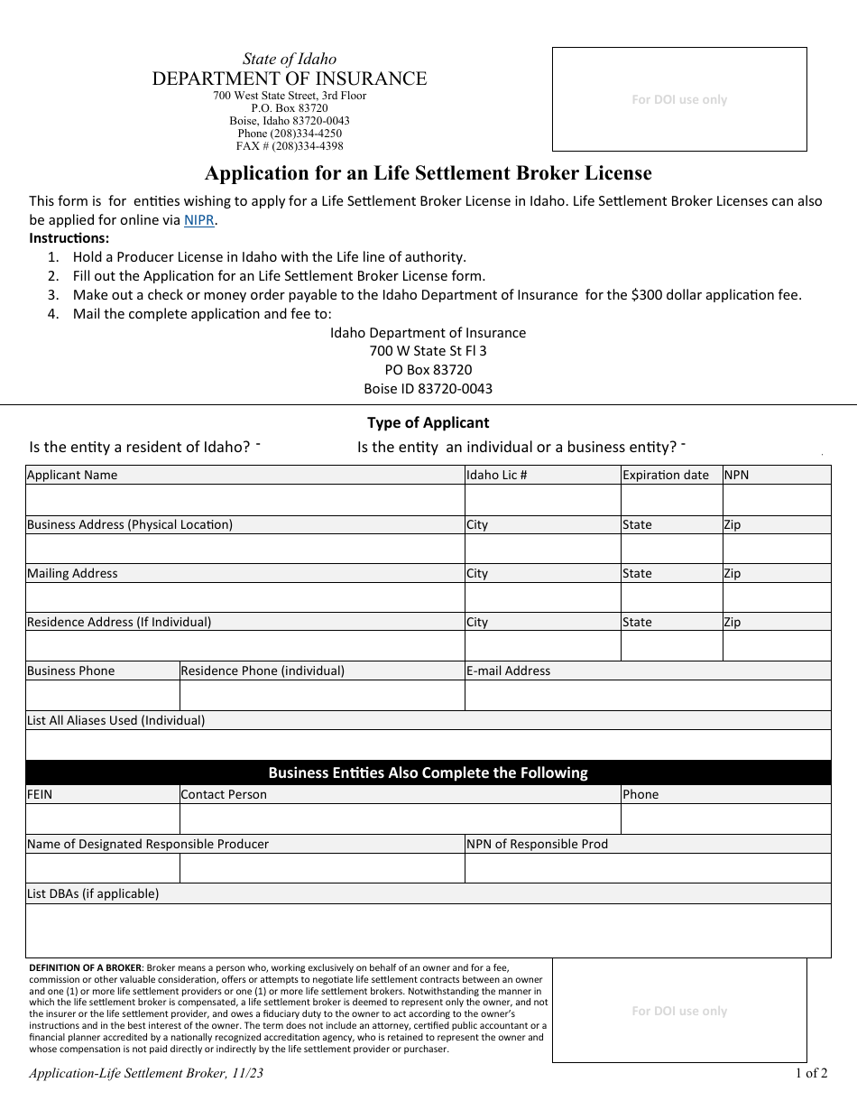 Idaho Application for a Life Settlement Broker License - Fill Out, Sign ...