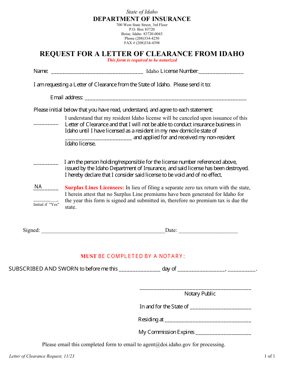 Idaho Request for a Letter of Clearance From Idaho - Fill Out, Sign Online and Download PDF ...