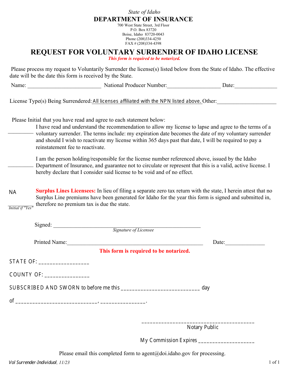 Idaho Request for Voluntary Surrender of Idaho License Download ...
