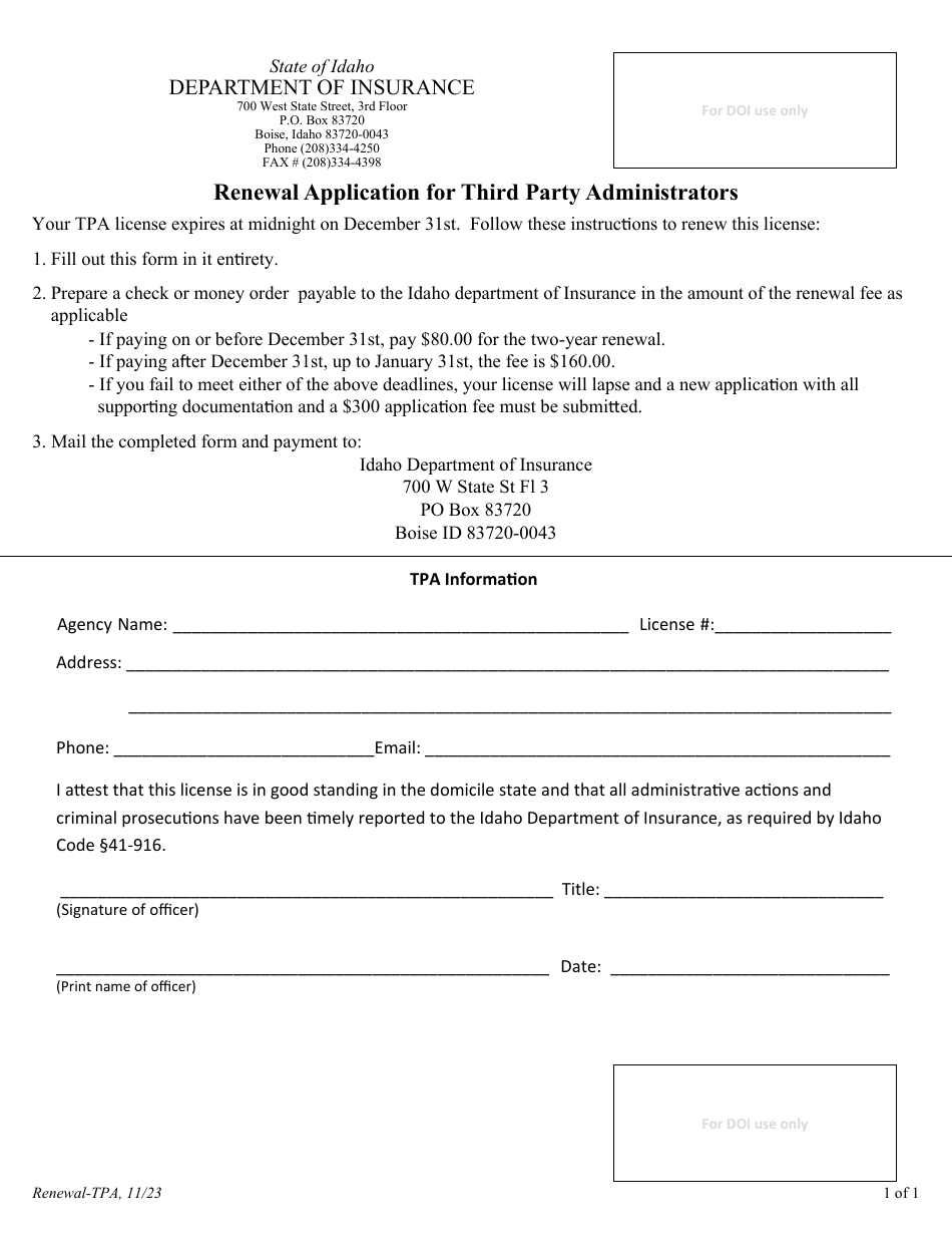 Idaho Renewal Application for Third Party Administrators - Fill Out, Sign Online and Download ...