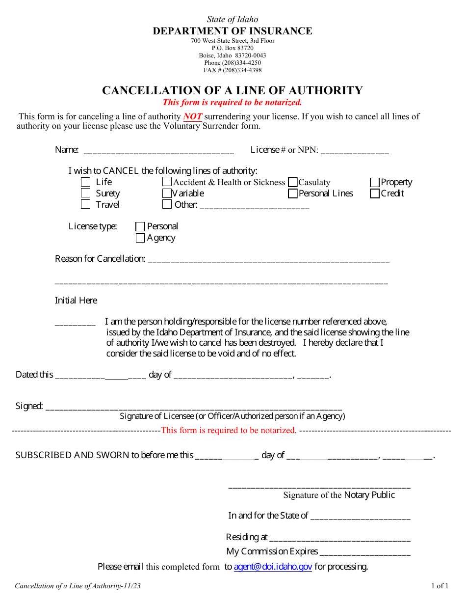 Idaho Cancellation of a Line of Authority - Fill Out, Sign Online and ...