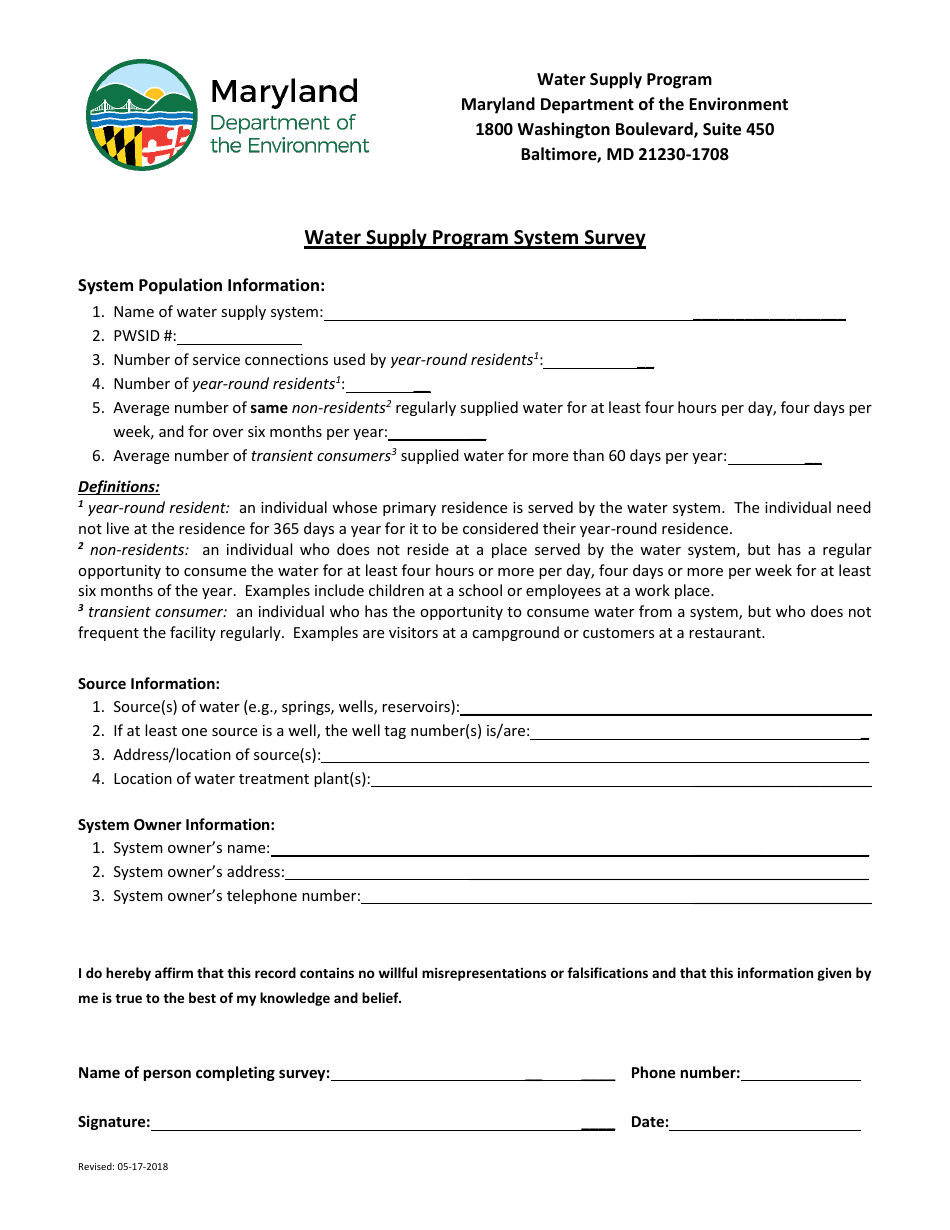 Maryland Water Supply Program System Survey - Fill Out, Sign Online and ...