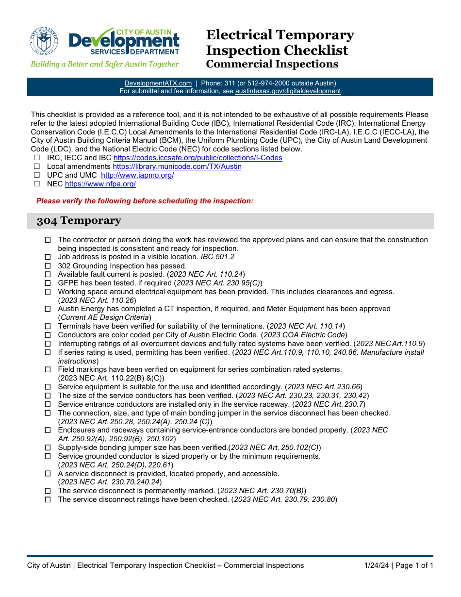City of Austin, Texas Electrical Temporary Inspection Checklist ...