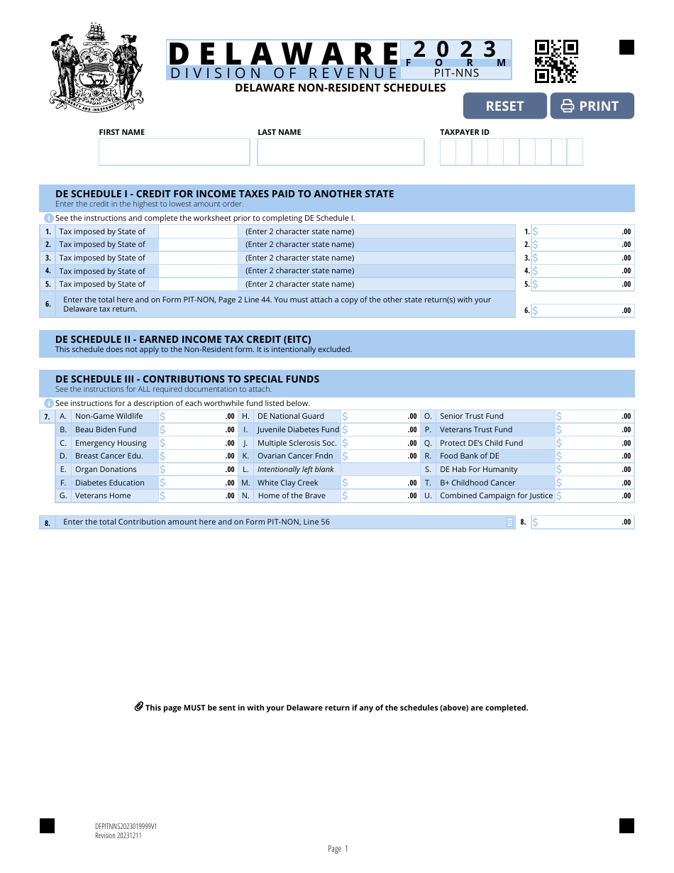 Form PIT-NNS Download Fillable PDF or Fill Online Delaware Non-resident ...