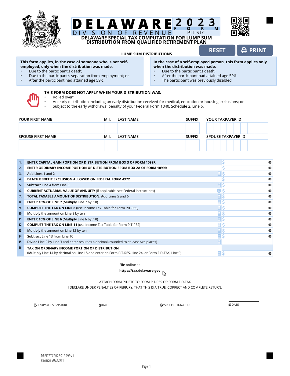 Form PIT-STC Download Fillable PDF or Fill Online Delaware Special Tax ...