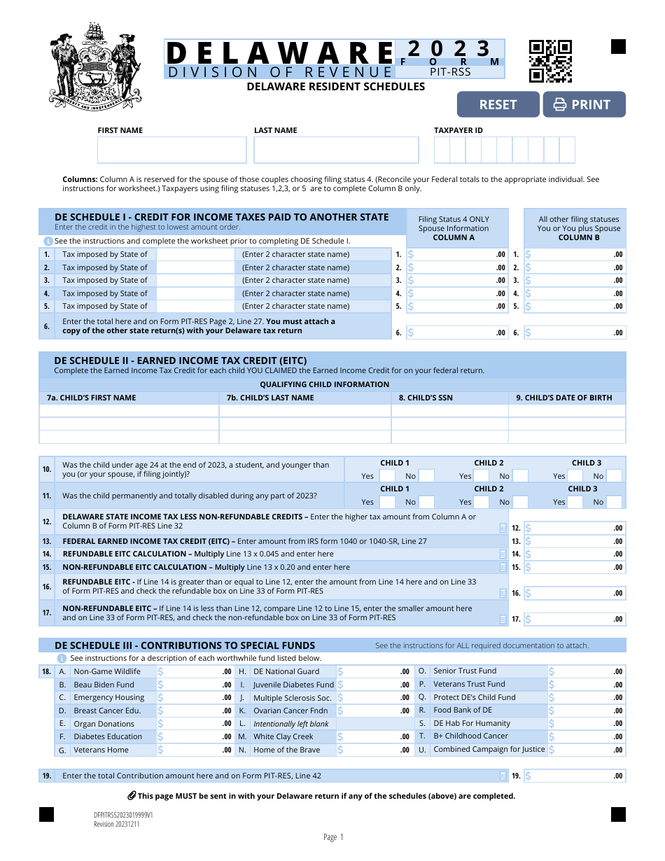 Form PIT-RSS Download Fillable PDF or Fill Online Delaware Resident ...