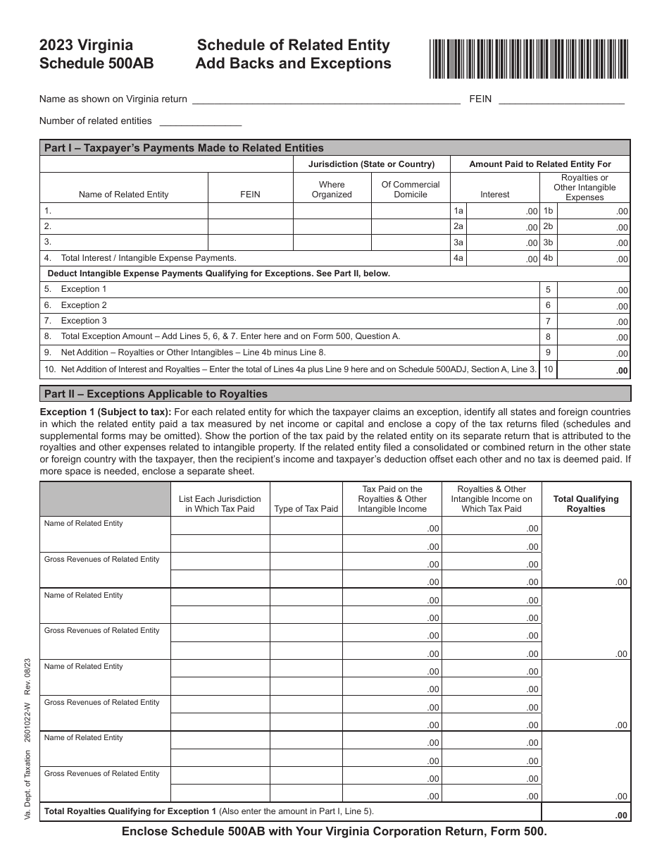 2023 Virginia Schedule of Related Entity Add Backs and Exceptions ...